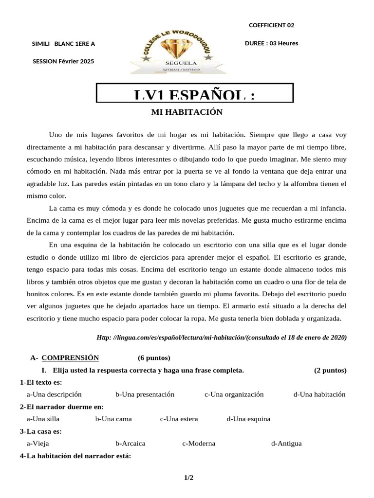 Simili Examen Espagnol 1ère A Fevrier 2025 Woro | PDF