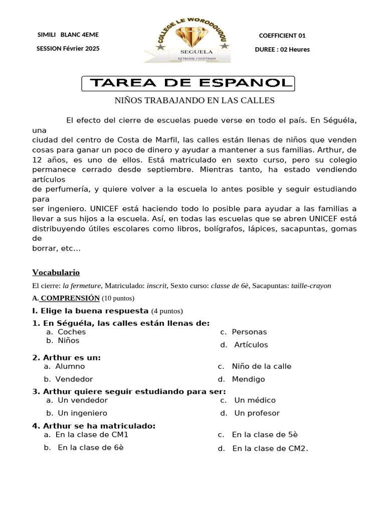 Simili Examen Espagnol 4ème Fevrier 2025 Woro | PDF