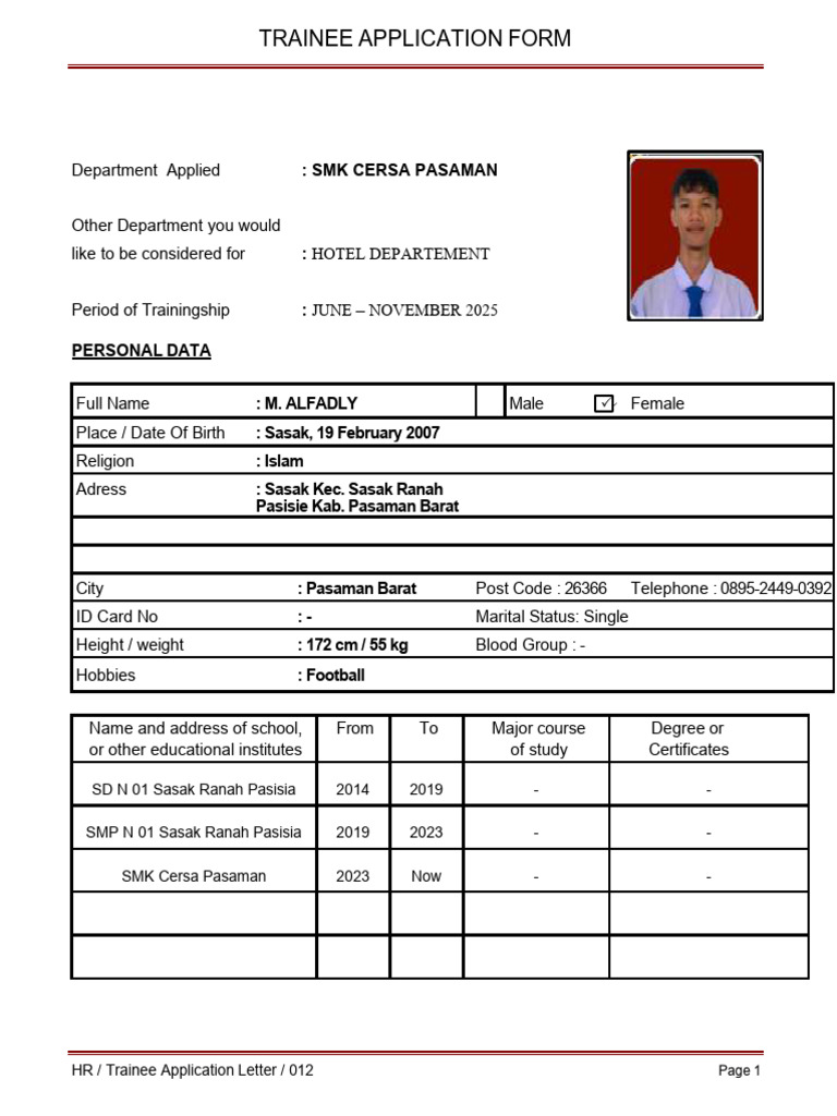 Trainee Application Form for SMK Cersa | PDF