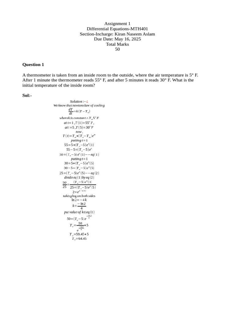MTH401 Assignment 1 Solutions 2025 | PDF