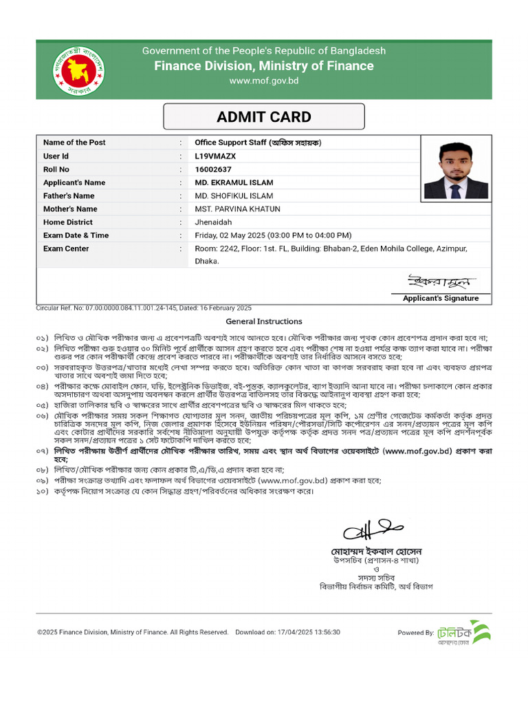 Admitcard Mof L19vmazx | PDF