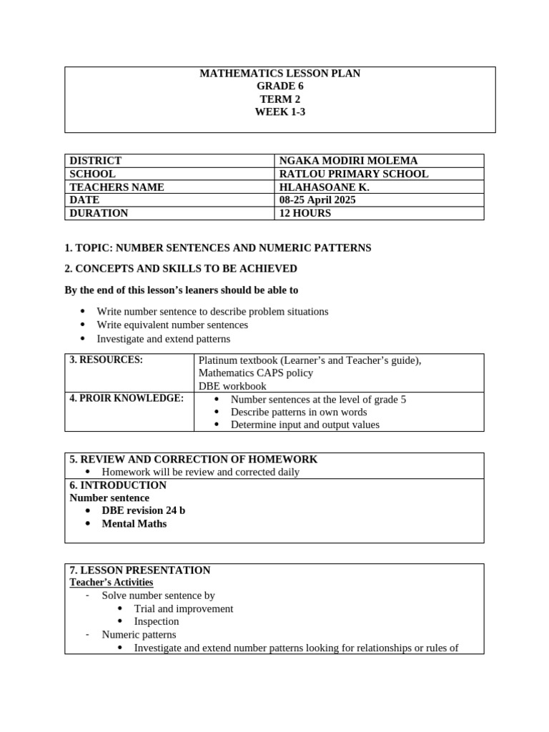 MATHEMATICS LESSON PLAN GRADE 6 Week 1-3 T2 | PDF
