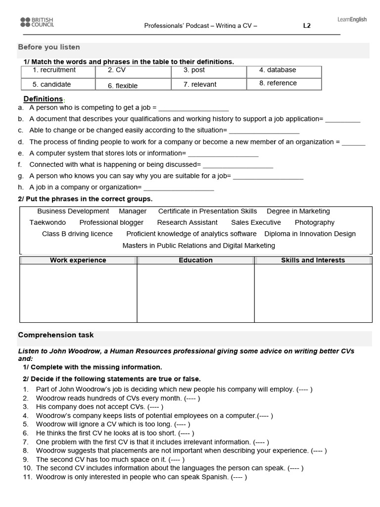 2 - Writing A CV - Worksheet - ST | PDF | Recruitment | Linguistics