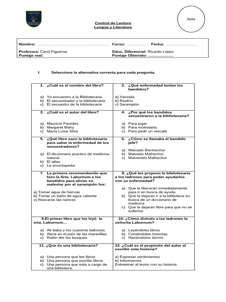 Control de Lectura: Evaluación de Libros | PDF