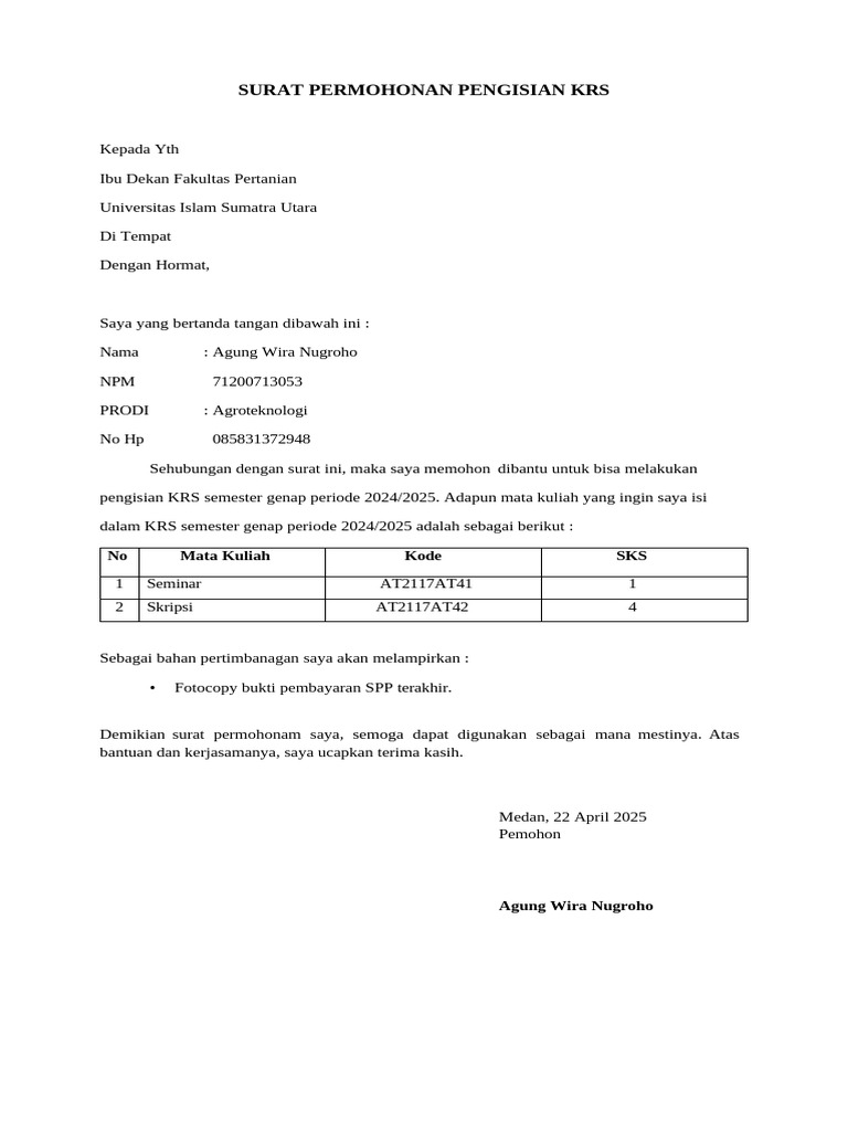 Surat Permohonan Pengisian KRS | PDF