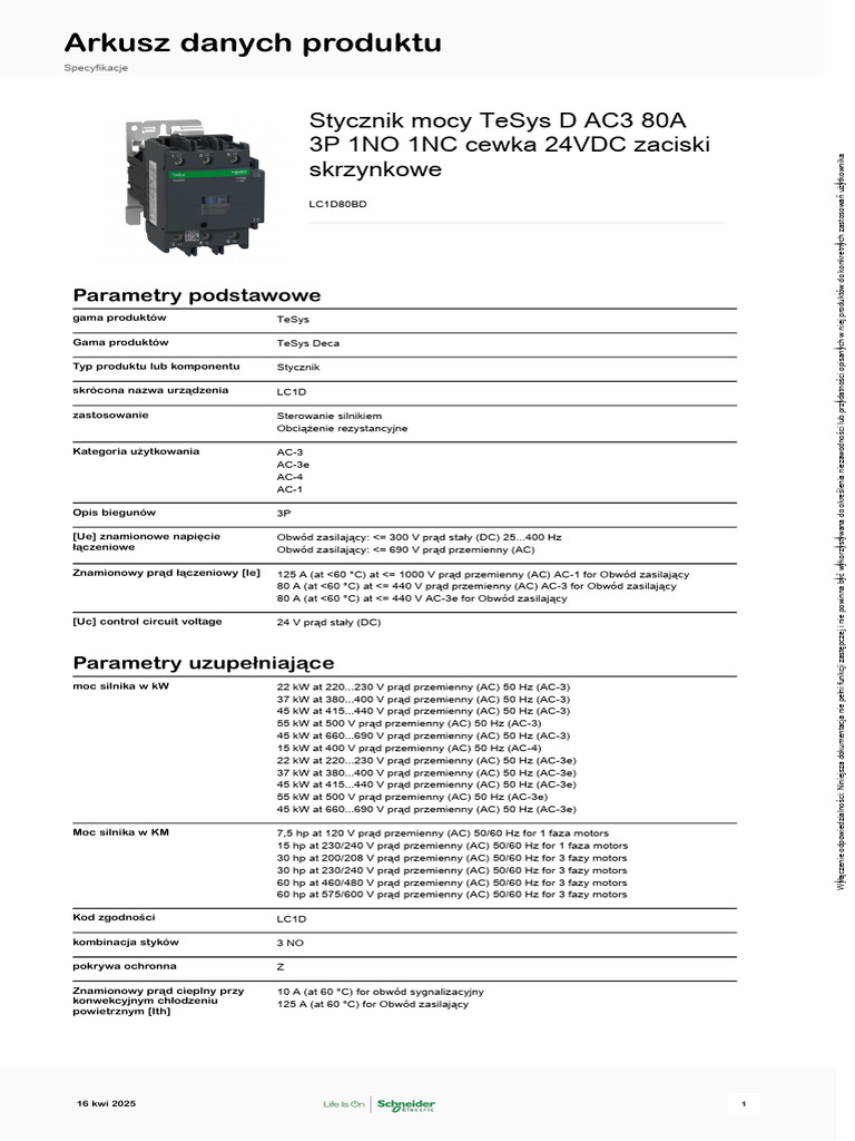 Schneider Electric - Tesys-Deca - LC1D80BD | PDF