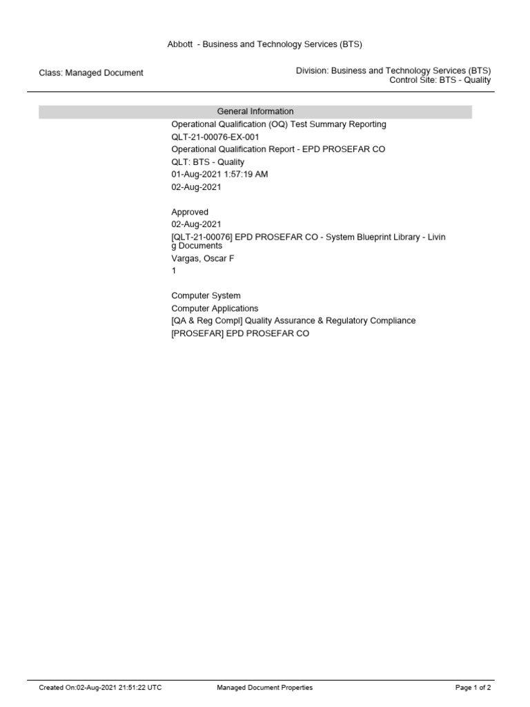 (QLT-21-00076-EX-001) Operational Qualification Report - EPD PROSEFAR CO v1 | PDF | Systems ...