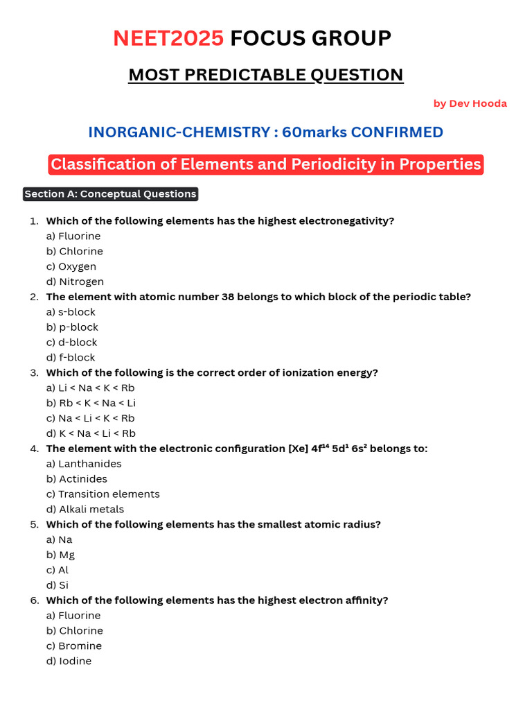 INORGANIC CHEMISTRY Classification of Elements and Periodicity in | PDF ...