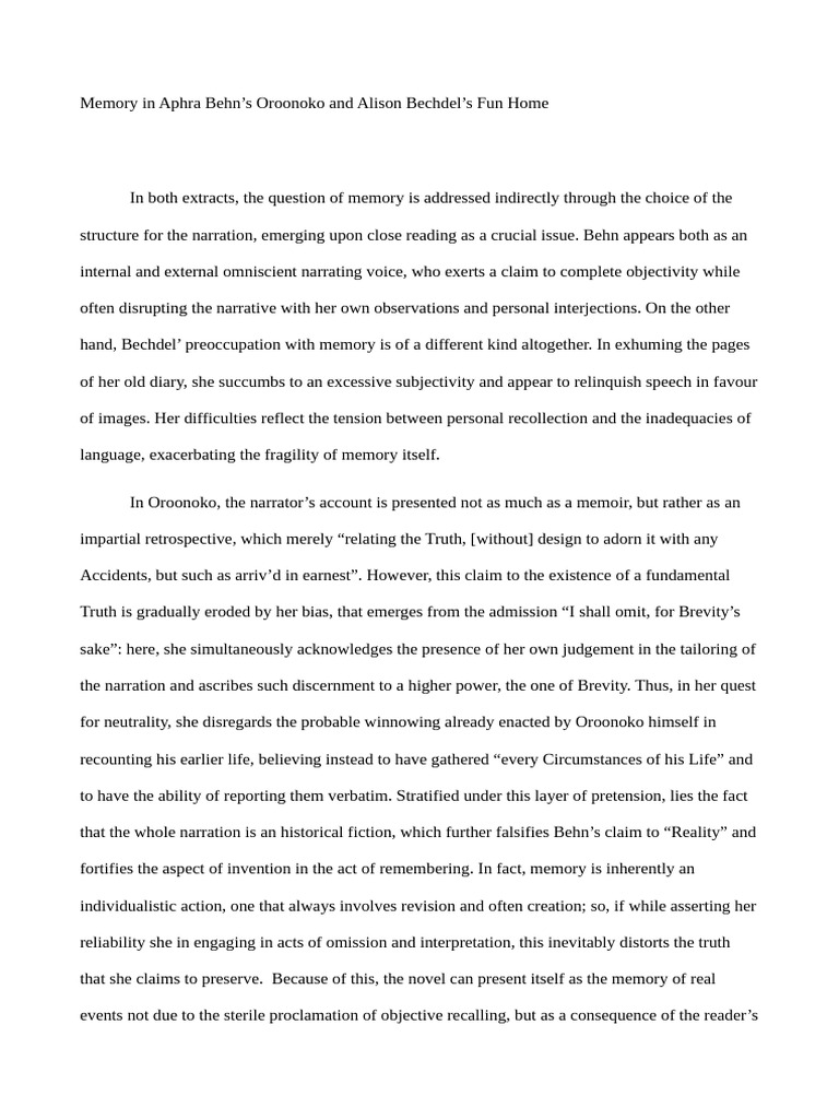 Memory in 'Fun Home' by Bechdel and 'Oroonoko' by Behn | PDF | Truth