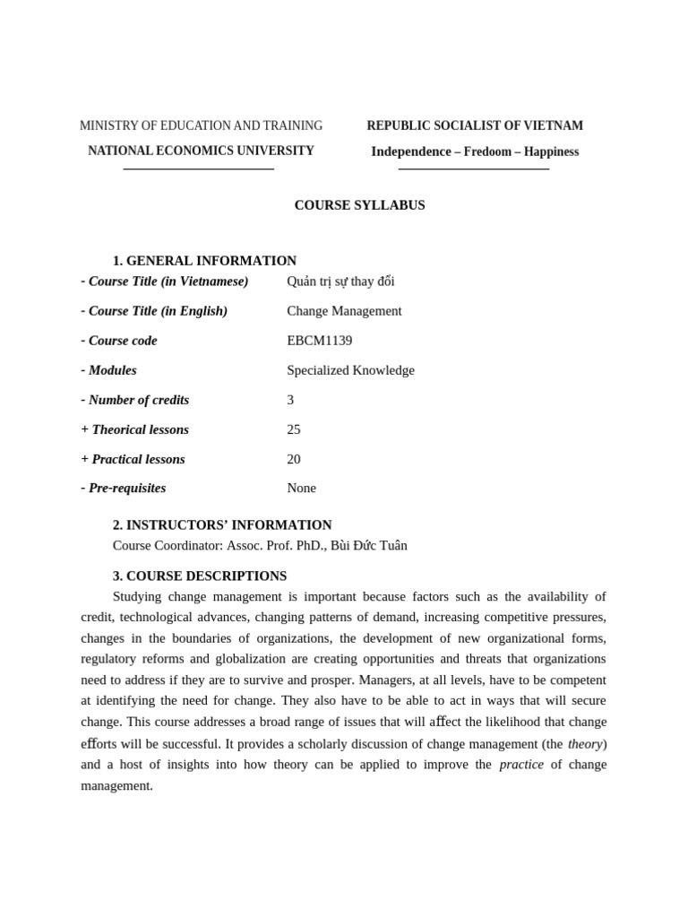 Change Management Course Syllabus | PDF | Cognition | Learning