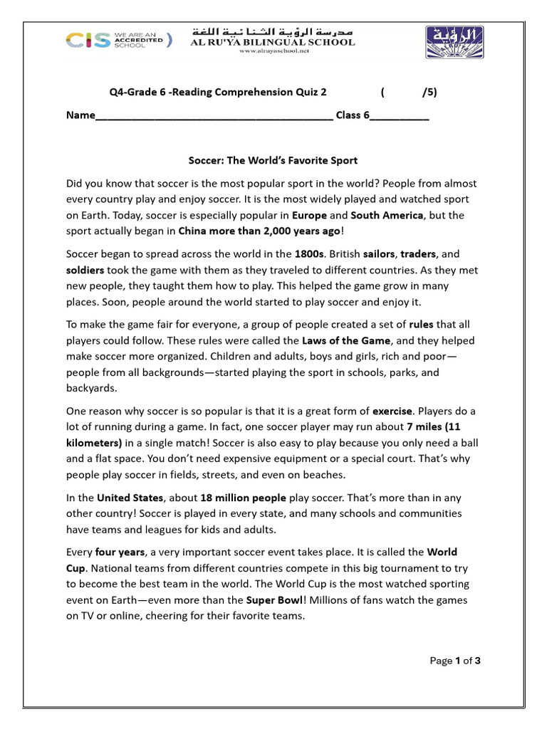 Q4-Grade 6 - Reading Comprehension Quiz 2 | PDF | Association Football ...