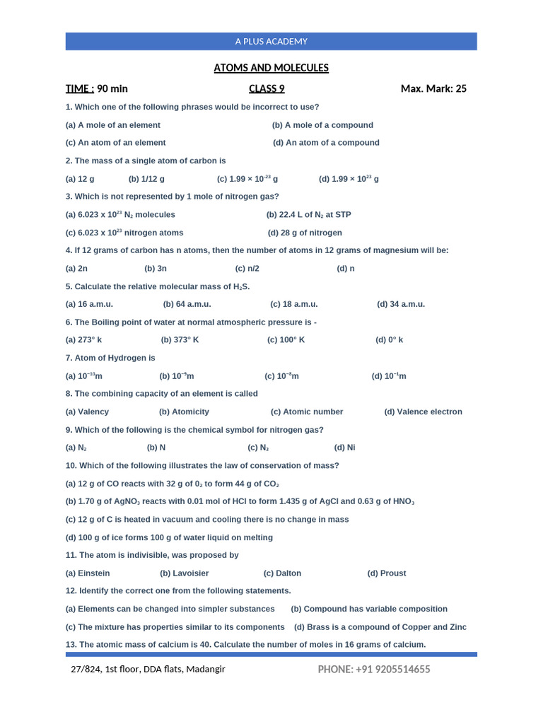 Class 9 Atoms and Molecules Quiz | PDF | Mole (Unit) | Molecules
