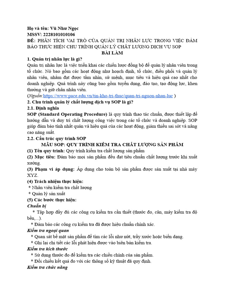 Vũ Như Ngọc - CHU TRÌNH QUẢN LÝ CHẤT LƯỢNG DỊCH VỤ SOP | PDF