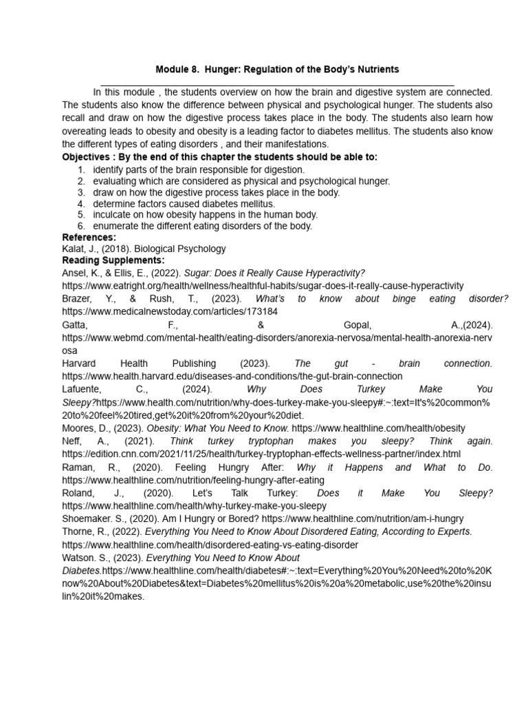 Module 8. Hunger - Regulation of The Body's Nutrients | PDF | Diabetes ...