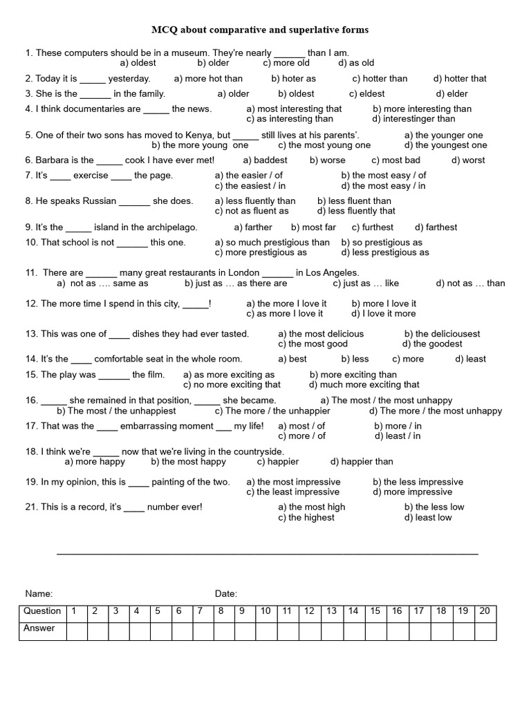 QCM Comparative and Superlative Forms | PDF