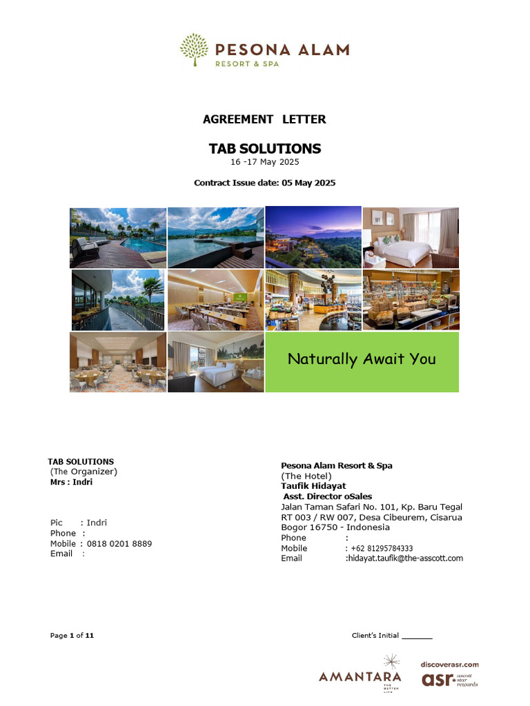 Agreement Letter of Pesona Alam Resort & Spa - TAB SOLUTIONS On 16 17 May 2025 | PDF | Indemnity ...
