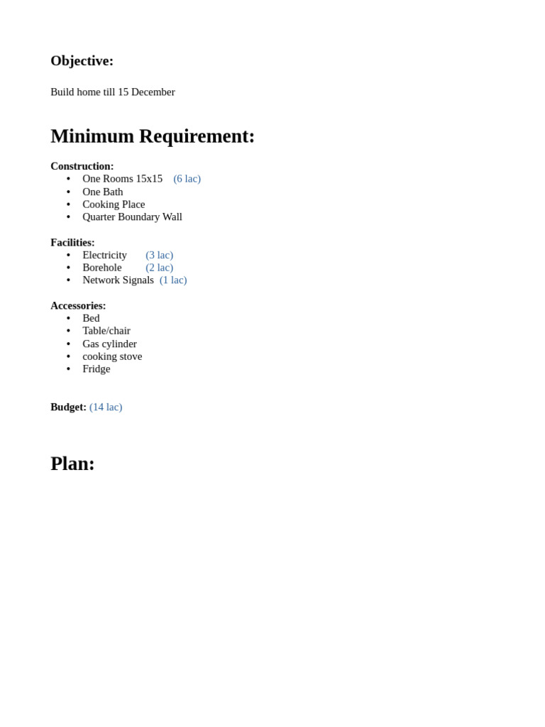 Home Construction Plan Under 14 Lac | PDF