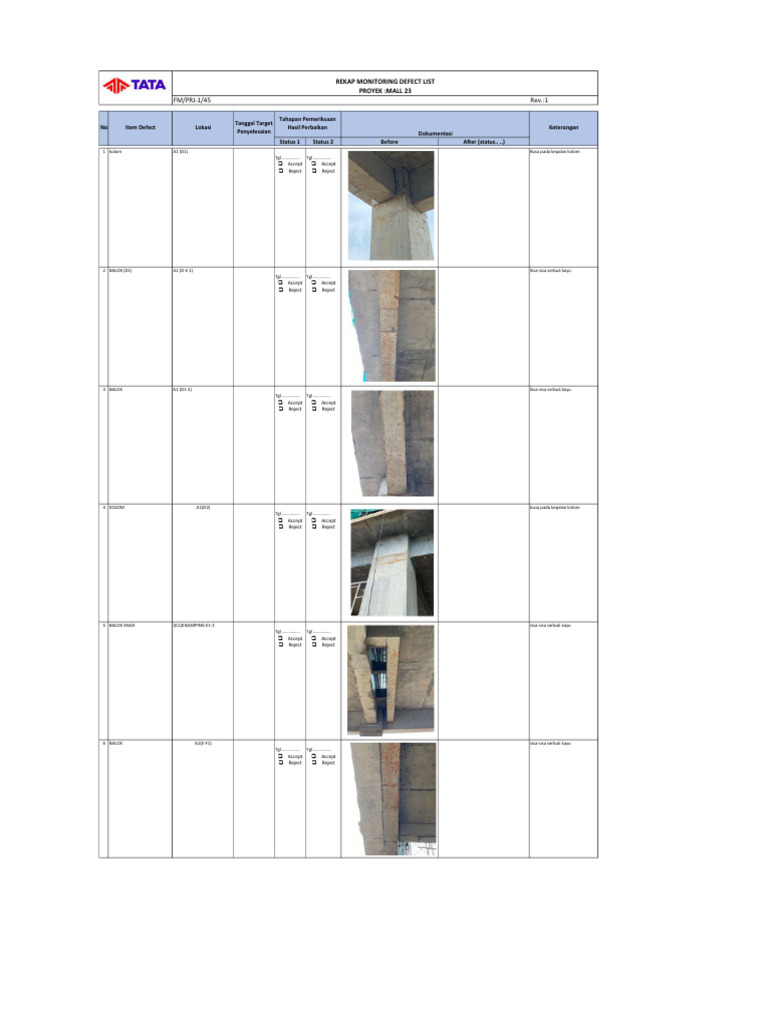 Defect List Zone A | PDF