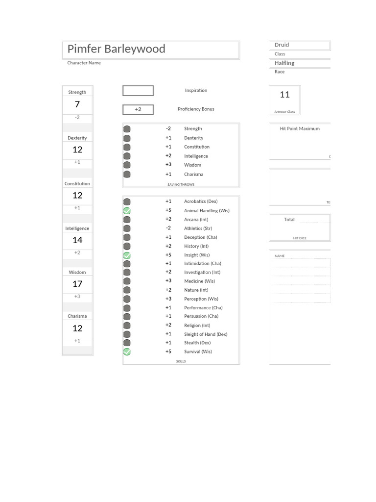 Pimfer Barleywood: Druid Character Sheet | PDF | Role Playing Games ...