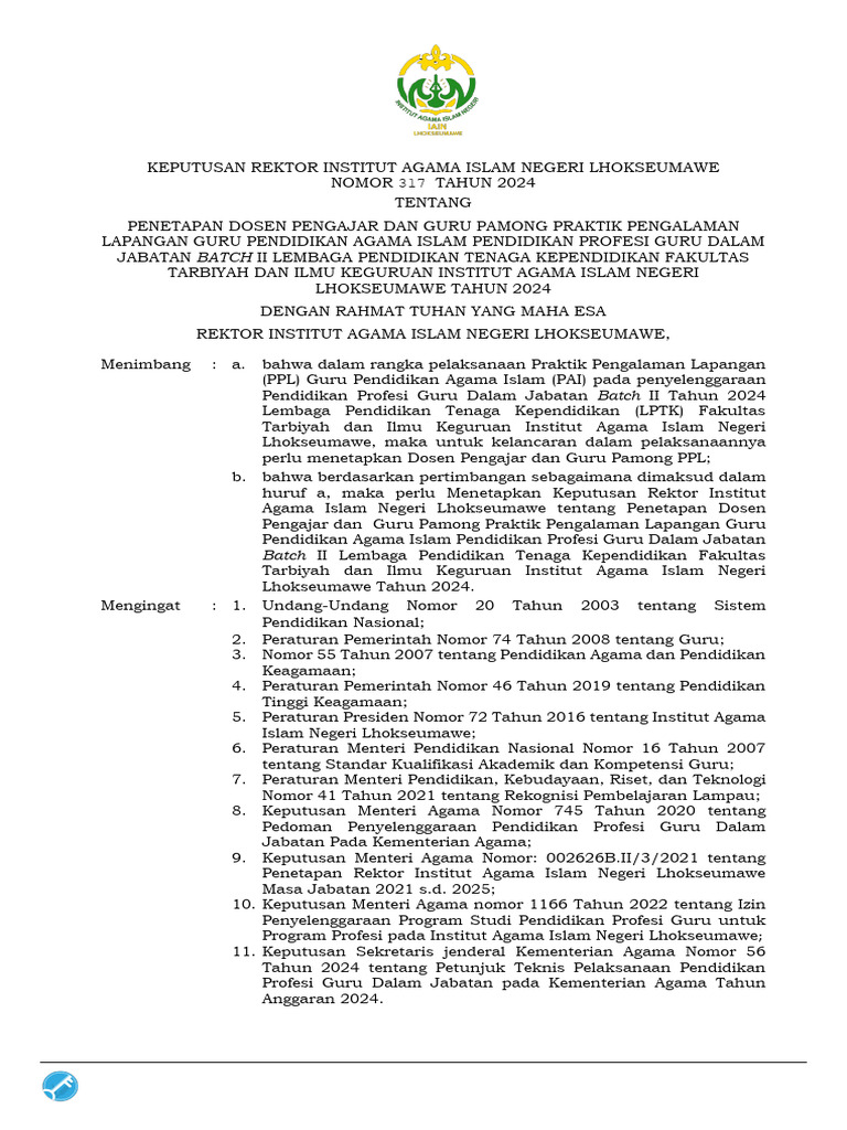 SK Nomor 317 Tahun 2024 Tentang Penetapan Dosen Pengajar Dan Guru ...