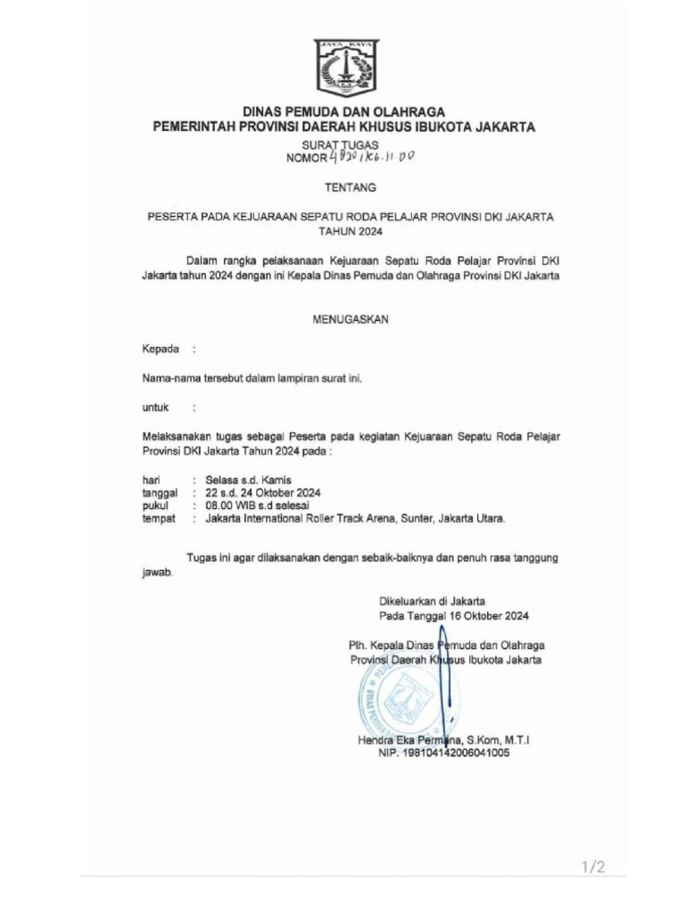 Surat Dispensasi Dispora Antar Pelajar 22-24 Oktober 2024 | PDF