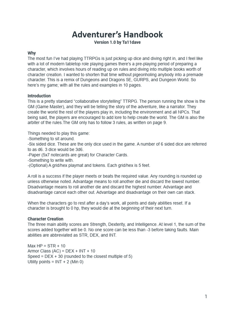 Adventurer's Handbook v1.0 | PDF | Tabletop Role Playing Game | Role ...
