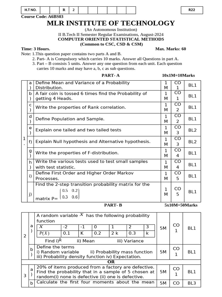Computer Oriented Statistical Methods-A6BS03 - Regular | PDF | Variance ...