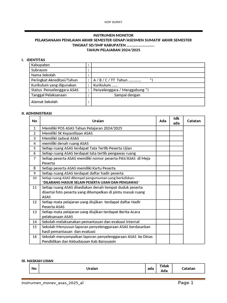 Instrumen Monev ASAS 2024-2025 | PDF