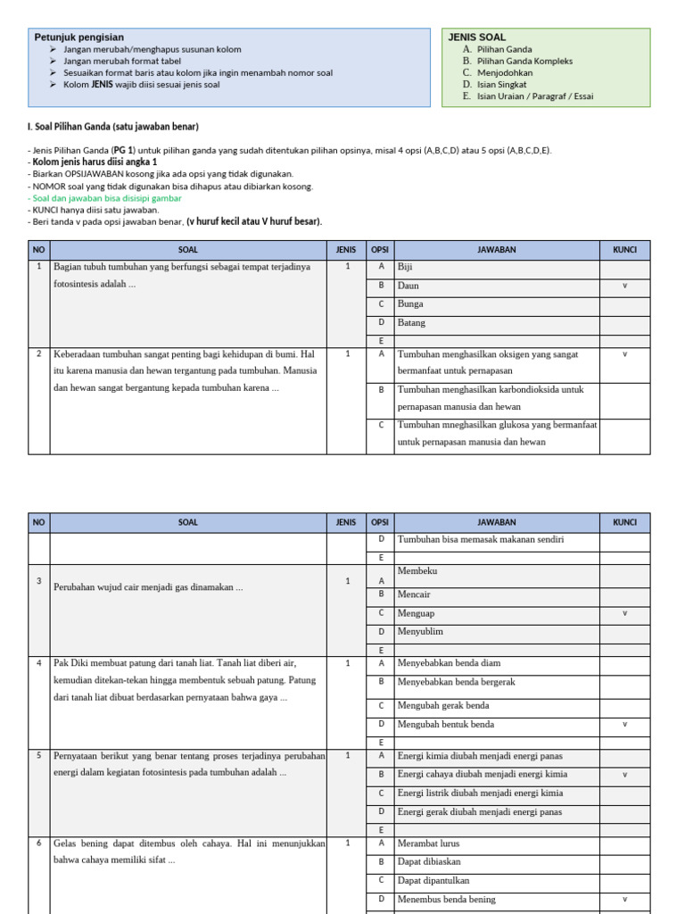 Template Soal IPA UJIAN SEKOLAH | PDF