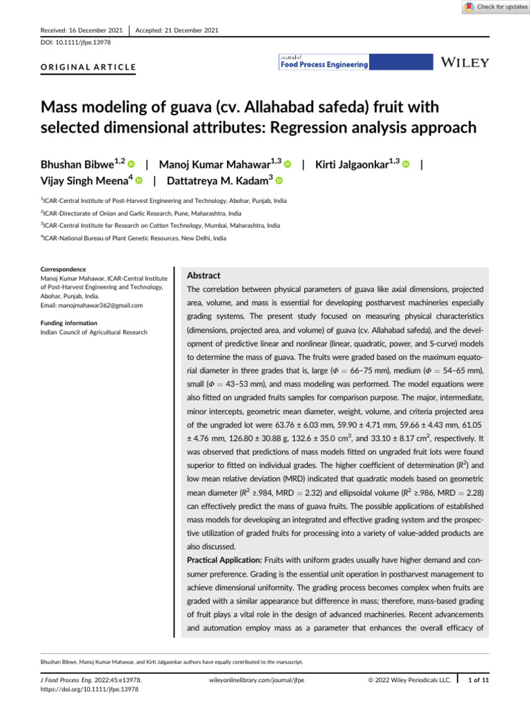 J Food Process Engineering - 2022 - Bibwe - Mass Modeling of Guava CV ...