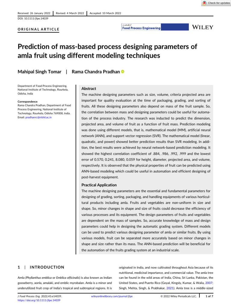 J Food Process Engineering - 2022 - Tomar - Prediction of Mass Based ...