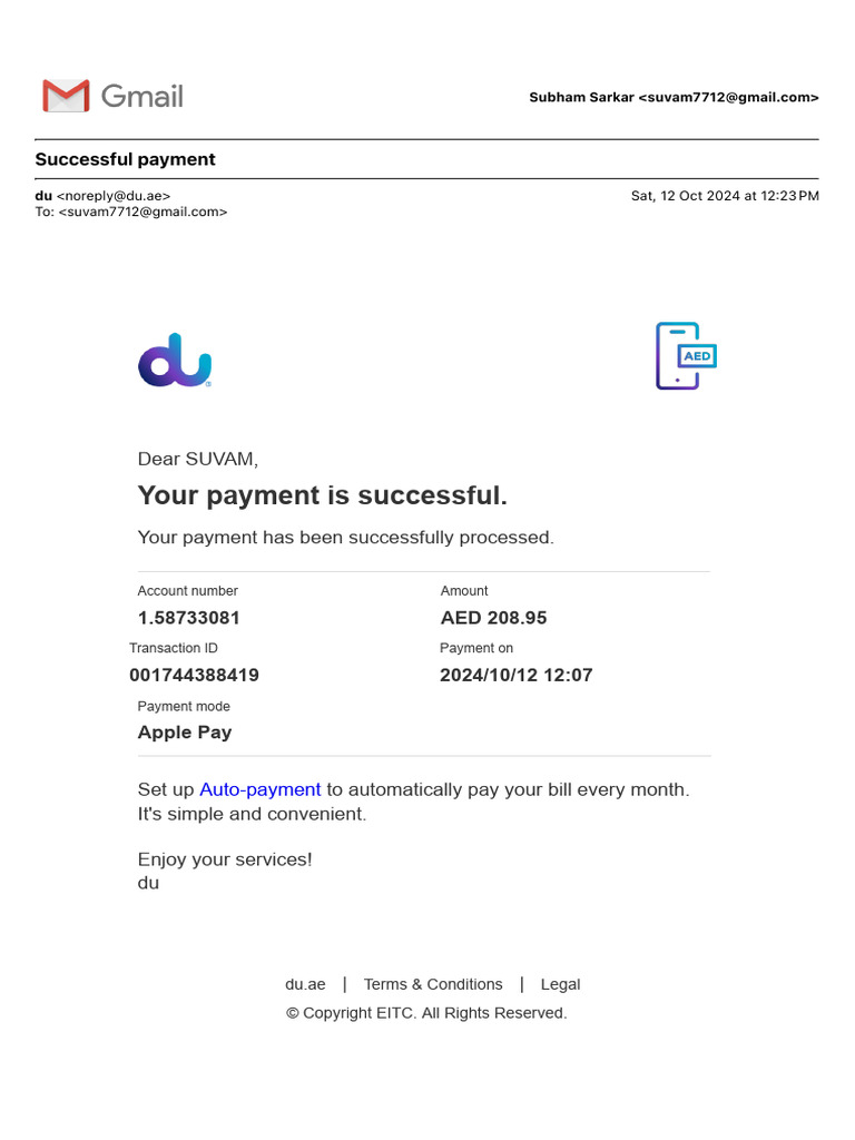 Successful Payment Confirmation from du | PDF