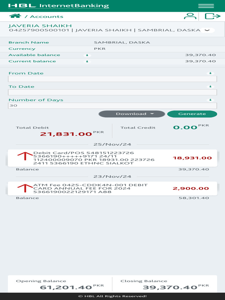 Accounts HBL Internet Banking | PDF