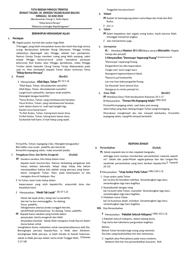 TATA IBADAH MINGGU TRINITAS 16 Juni 2024 | PDF
