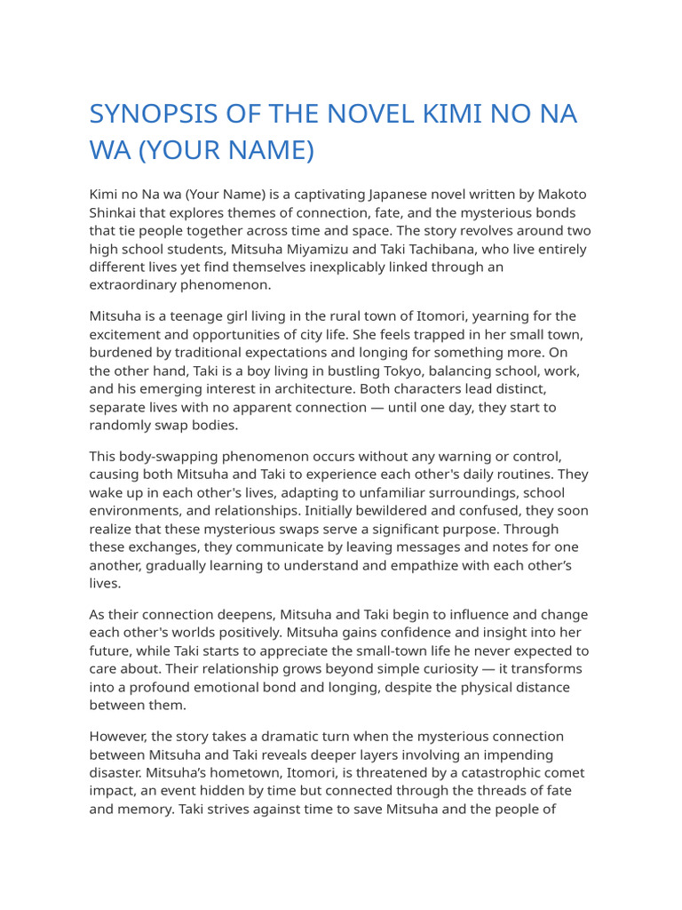Kimi No Nawa Novel Synopsis | PDF