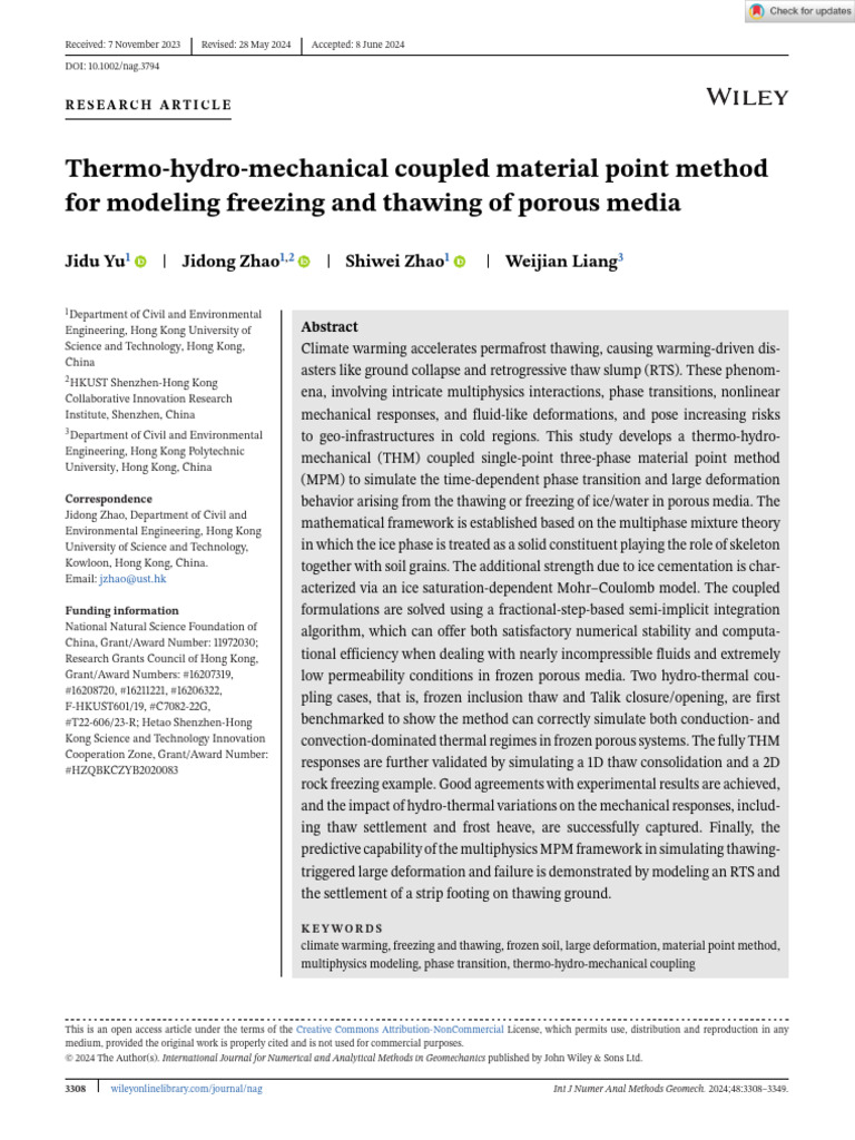 Num Anal Meth Geomechanics - 2024 - Yu - Thermo Hydro Mechanical Coupled Material Point Method ...