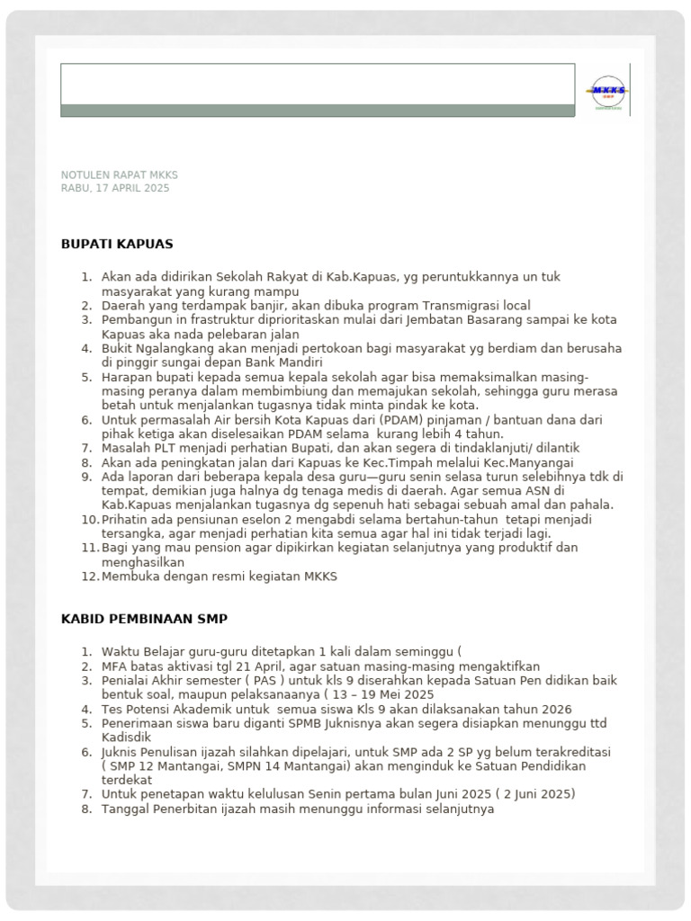 Notulen Rapat MKKS | PDF