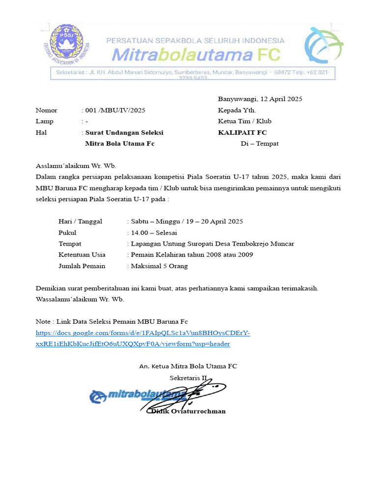 Surat Undangan Seleksi MBU Baruna FC - KALIPAIT FC | PDF