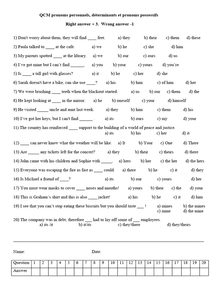 QCM pronoms personnels, etc | PDF