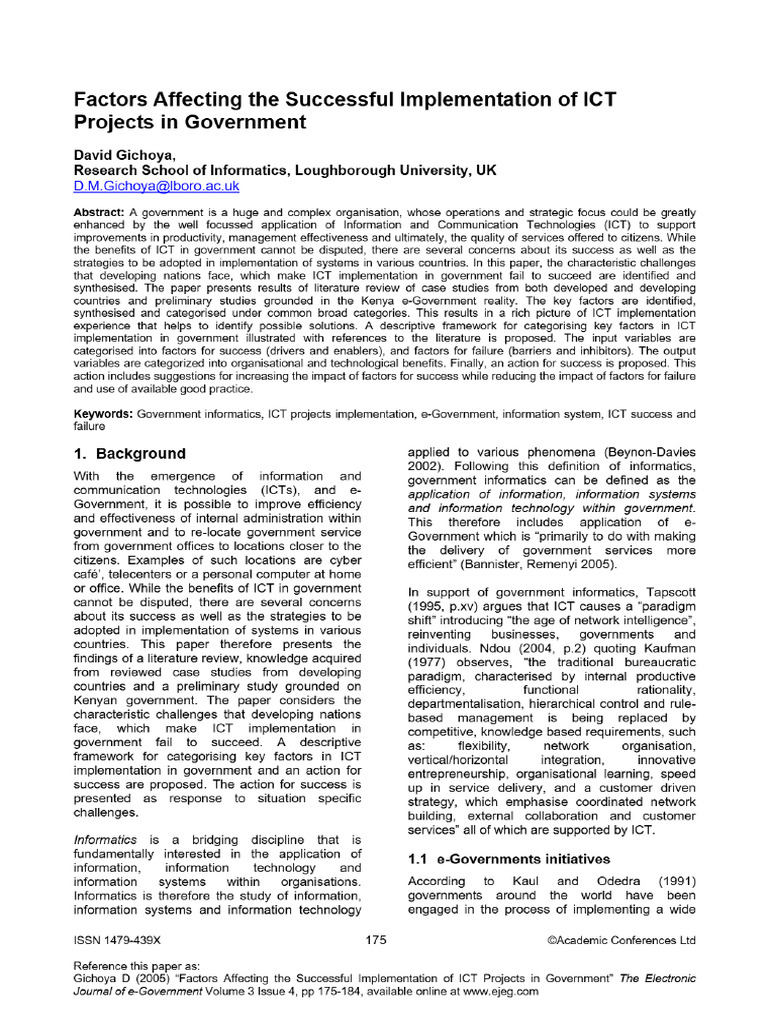 View of Factors Affecting the Successful Implementation of ICT Projects in Government | PDF