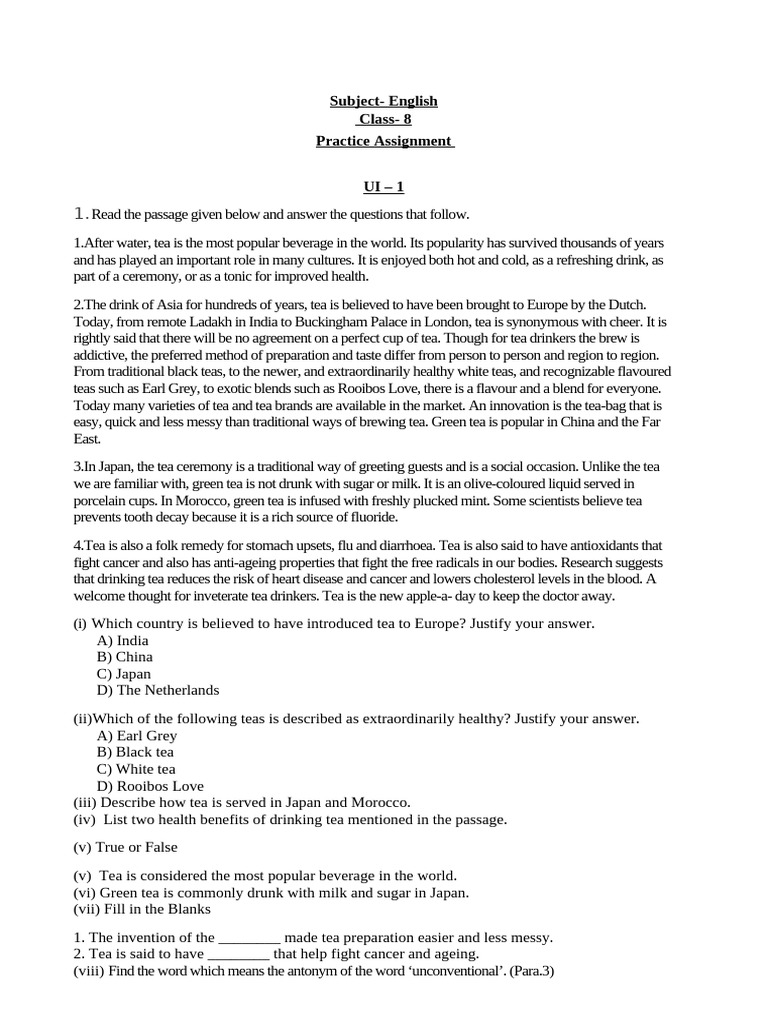 Practice Assignment - Class 8 | PDF | Tea | Drink
