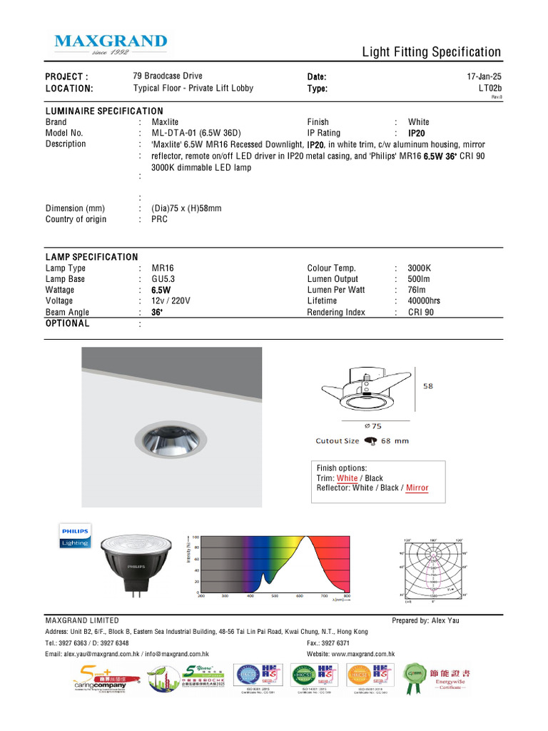 Maxlite 6.5W MR16 Downlight Specs | PDF | Lighting | Electrical Components