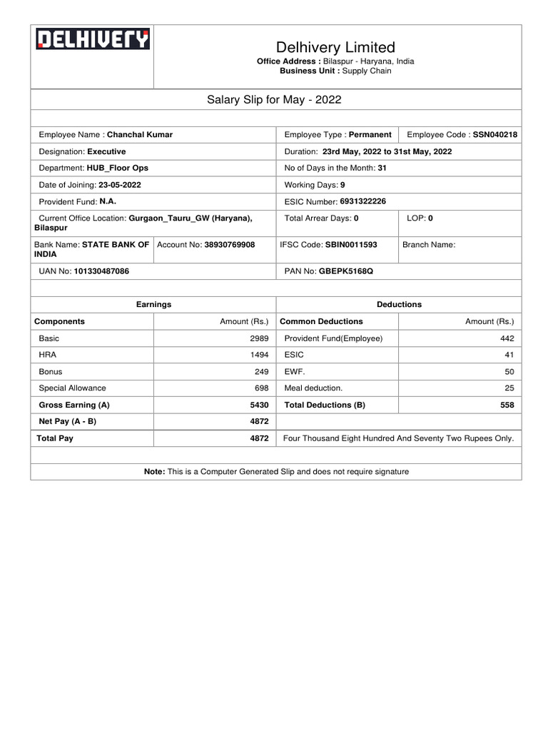 Delhivery - Salary - Slip 2022-05 | PDF | Economies | Employment Compensation