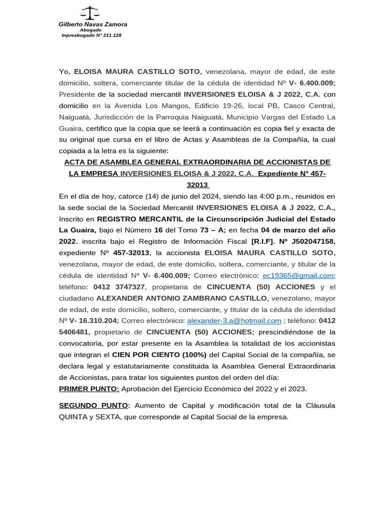 Acta de Asamblea AUMENTO DE CAPITAL de Inv. Eloisa & J 2022 C.A | PDF | Compartir (Finanzas)