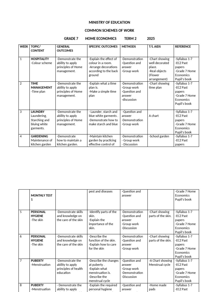 Grade 7 Home Economics Term 2 Plan | PDF | Menstruation | Gynaecology