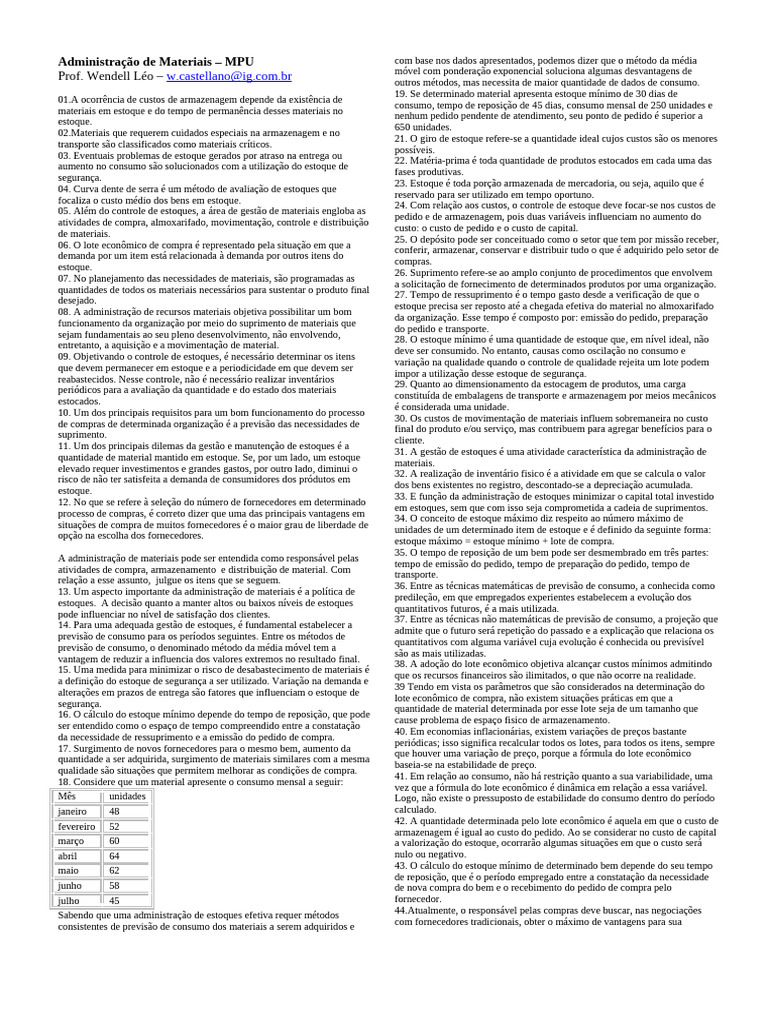 Mega Lista Adm. de Materiais | PDF | Custo | Cadeia de suprimentos