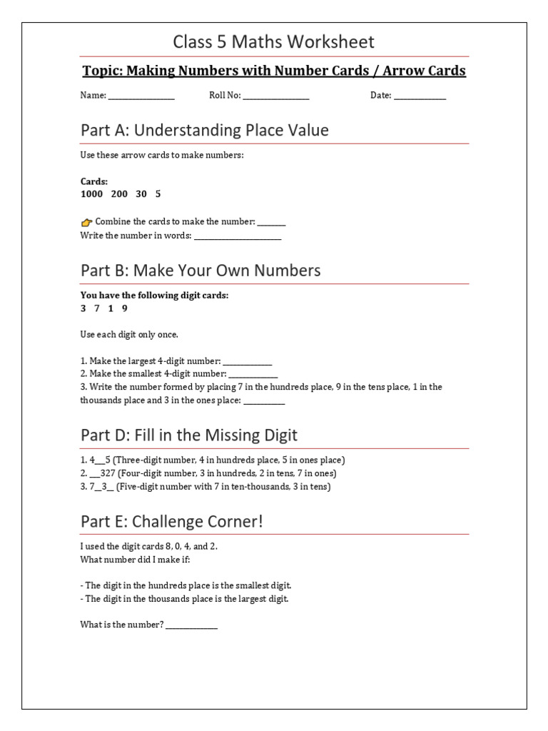 Class 5 Maths Worksheet Making Numbers | PDF