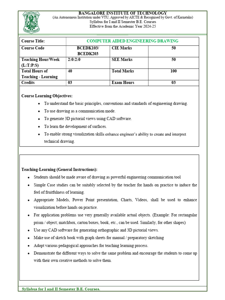 VTU Computer Aided Engineering Drawing Syllabus | PDF | Geometry ...