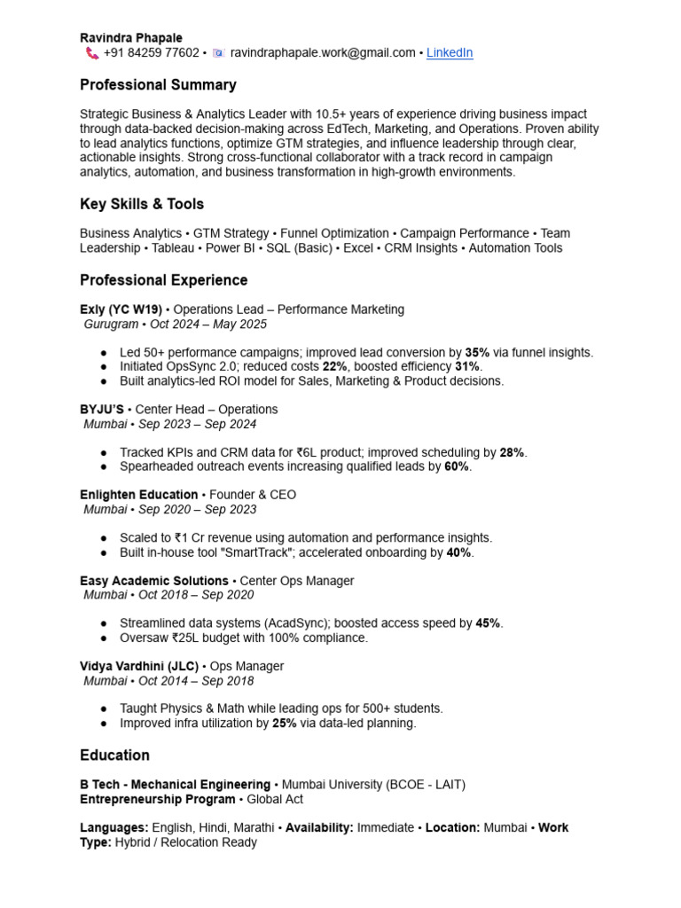 Ravindra Phapale Updated One Page Resume | PDF