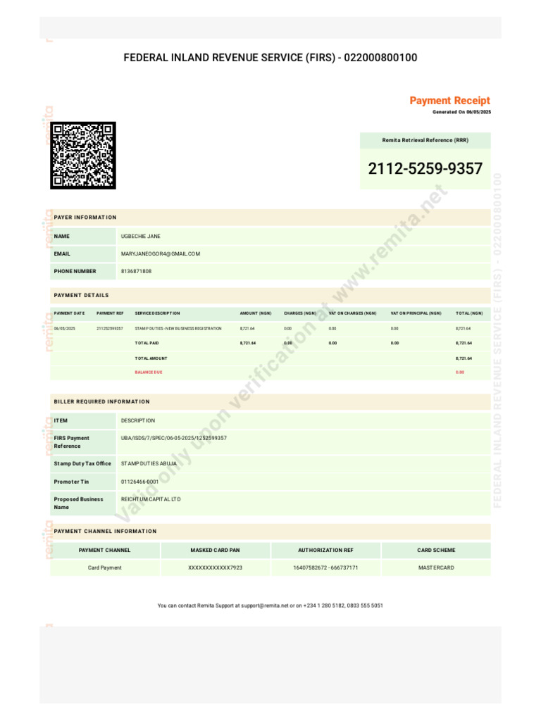 CAC Stamp Duty Invoice - Receipt | PDF | Taxes | Payments